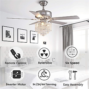 Moooni 52 Inch Modern Crystal Ceiling Fan with Lights and Remote, Elegant Chandelier Fan Light KIt Fandelier with 5 Wooden Blades for Bedroom Living Room Silver