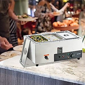 VEVOR 3-Pan Commercial Food Warmer, 3 x 8QT Electric Steam Table, 1500W Professional Countertop Stainless Steel Buffet Bain Marie with 86-185°F Temp Control for Catering and Restaurants, Silver