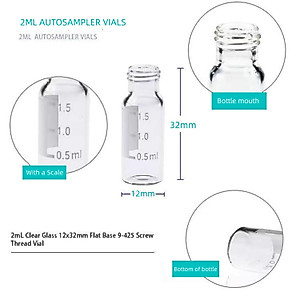2ml HPLC Vial, 9-425 Borosilicate Autosamper Vial with Graduation, Clear Sample Vial and 9mm Blue Screw Cap with Hole, Red PTFE&White Silicone Septa, Pack of 100