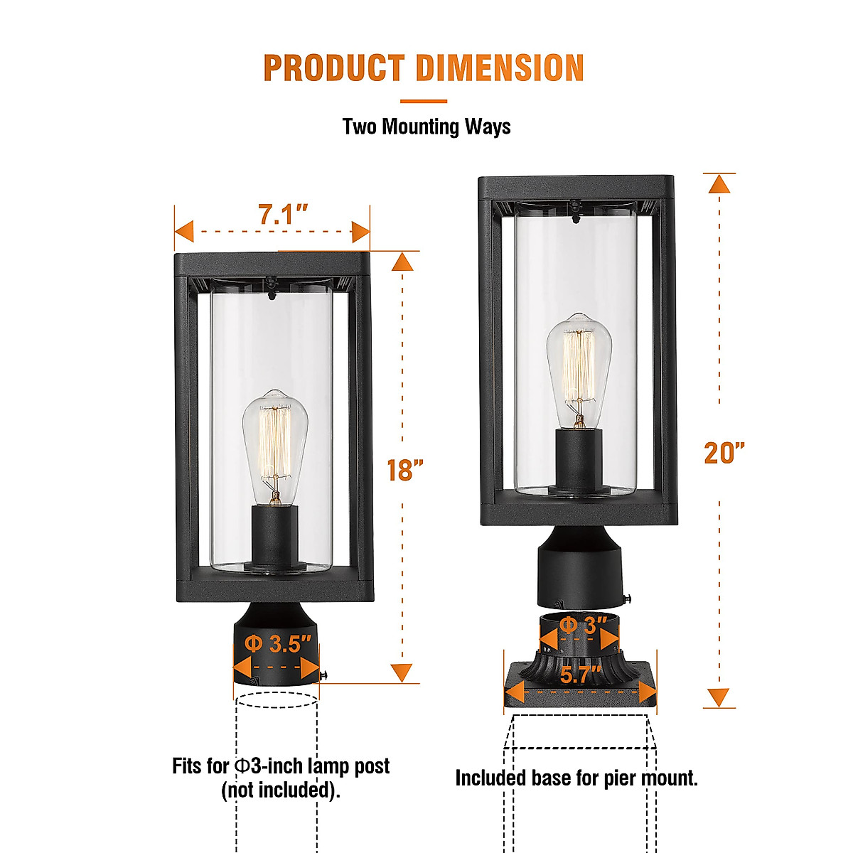 Beionxii Outdoor Post Lantern, 20inch Large Modern Lamp Post Light Fixture Exterior Pillar Lights with Pier Mount Base, Black Cast Aluminum w/Clear Cylinder Glass - A291P-2PK