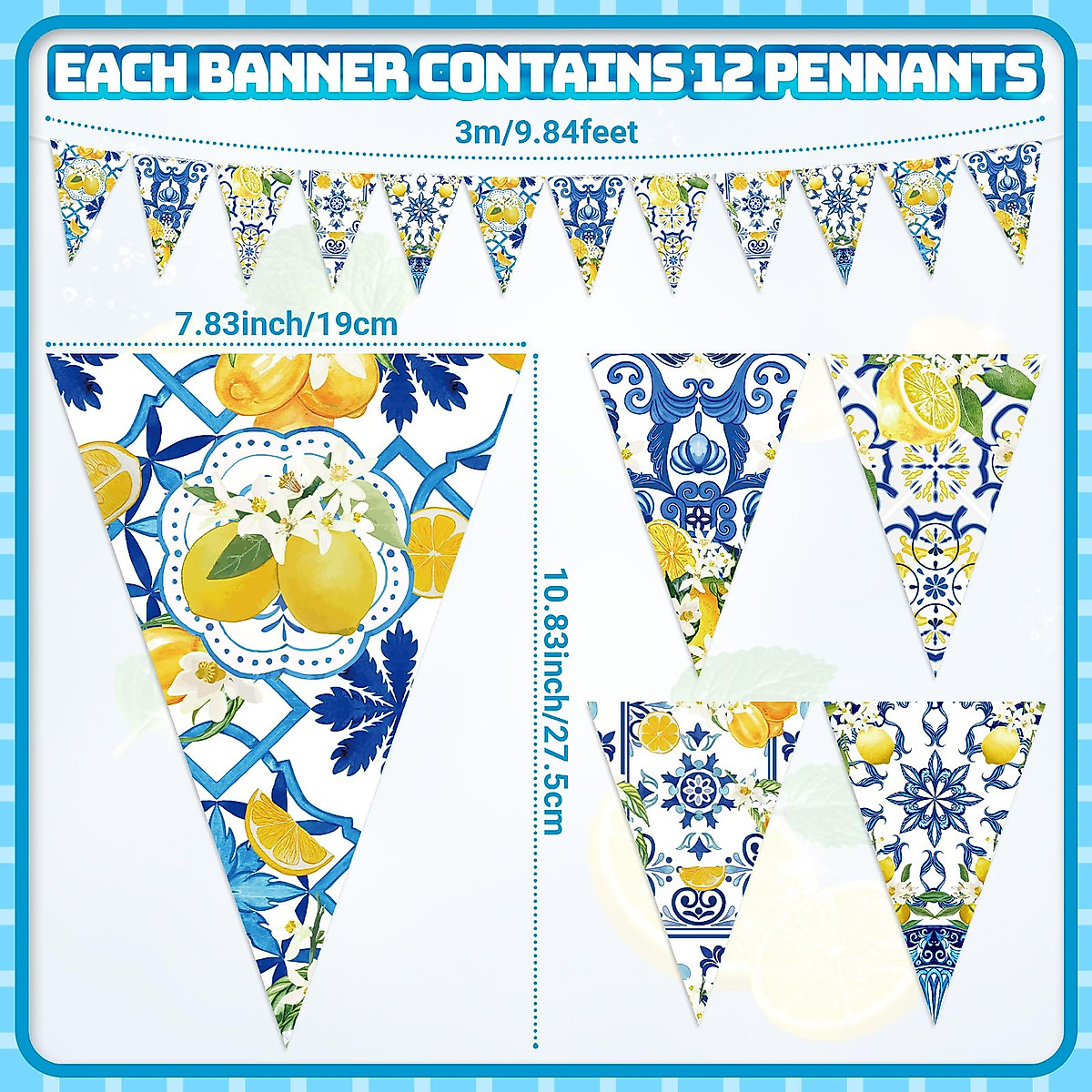 Faccito 5 Pcs Blue Tiles Lemon Decor Lemon Bunting Banners Blue Tiles Paper Pennant Garlands Lemonade Hanging Triangle Flags for Wedding Birthday Bridal Shower Bachelorette Party Decorations
