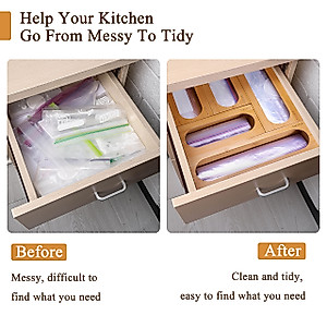 Ackitry Ziplock Bag Storage Organizer for Kitchen Drawer, 5 Pc Bamboo Premium Food Storage Bag Organizer Holders and Dispenser Compatible with Gallon, Quart, Sandwich, Snack, Candy Variety Size Bags