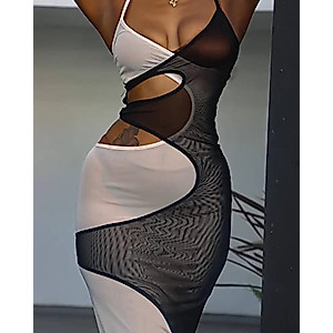 Uni Clau Women Sexy Sheer Mesh Dress Ruched Hollow Out Layering Bodycon Long Dresses Party Club Wear Black