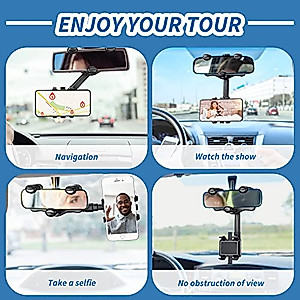 Rearview Mirror Phone Holder for Car, Universal 360° Rotating Rear View Mirror Phone Mount with Adjustable Arm Length, 8 Mask Holder for Car Multifunctional Phone and GPS Holder for Most Smartphones