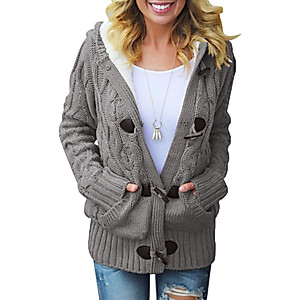 Dokotoo Womens Winter Fashion Ladies Cozy Faux Fur Hooded Casual Cardigans Sweaters Button Open Front Long Sleeve Cable Knit Sweater Fleece Coat Outerwear with Pockets Grey Medium