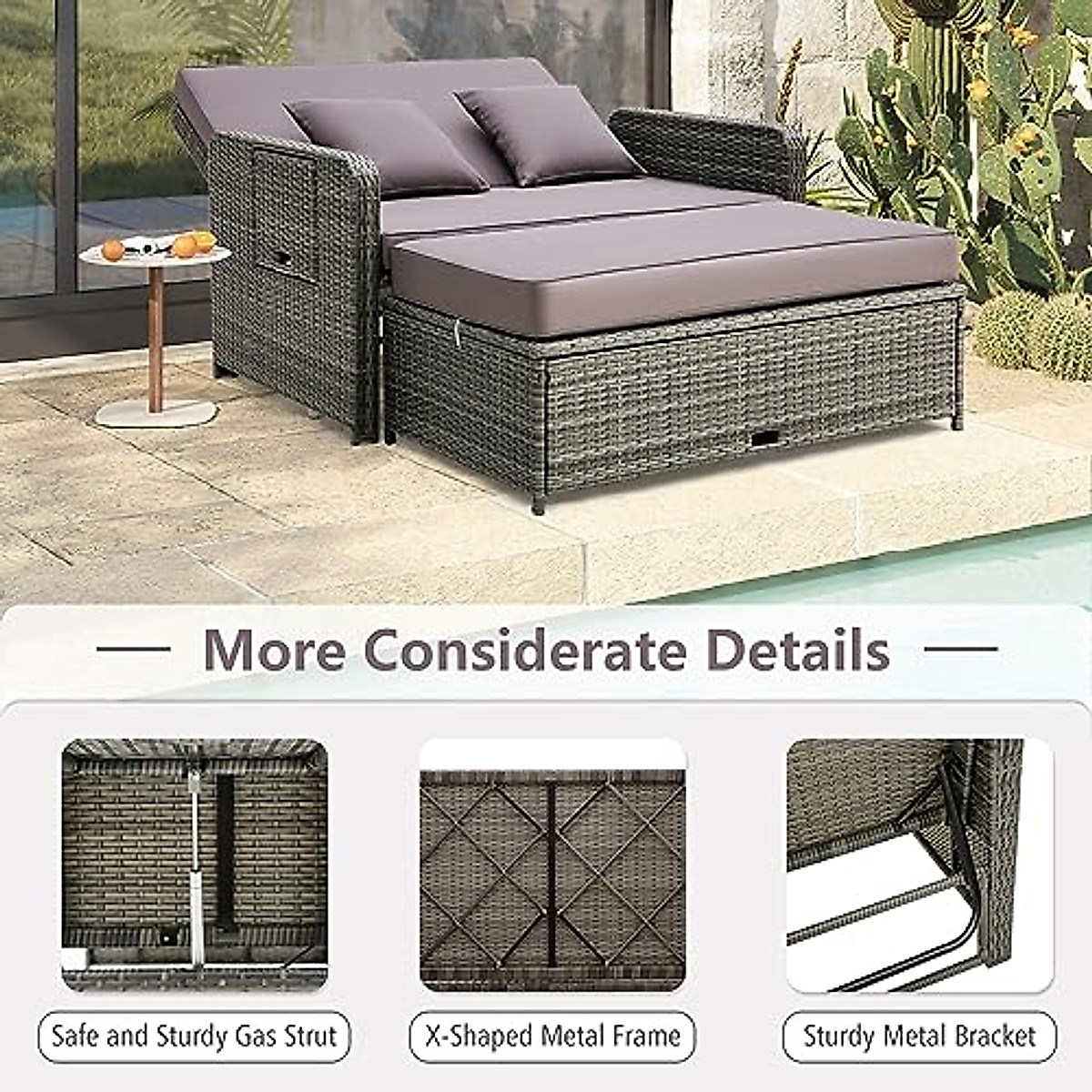 Tangkula Patio Rattan Daybed Set, Wicker Loveseat Sofa w/Multipurpose Ottoman & Retractable Side Tray, 4-Level Adjustable Backrest, Footstool w/Storage, Seat & Back Cushion Included (Gray)