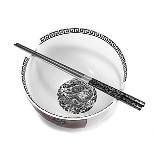 Hagary Dragon Ramen Bowl with Chopsticks Ceramic Bowl Stainless Steel Chopsticks Japanese Style Udon Miso Noodle Soup Bowls Housewarming Wedding Gifts Designed in Korea (Black, 30oz)