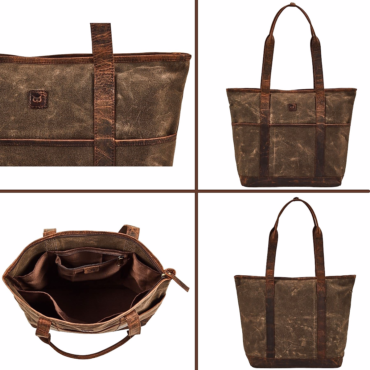 Wise Owl Accessories Tote Bag for Women Real Leather Shoulder Handbag Organizer Water Repellent Waxed Canvas with Compartments (Taupe)