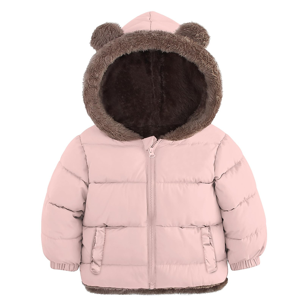 Baby Down Jacket for Girls 6-12 Months Pink Bear Ear Zipper Coat with Pocket Winter Warm Thick Hooded Clothes Outwear