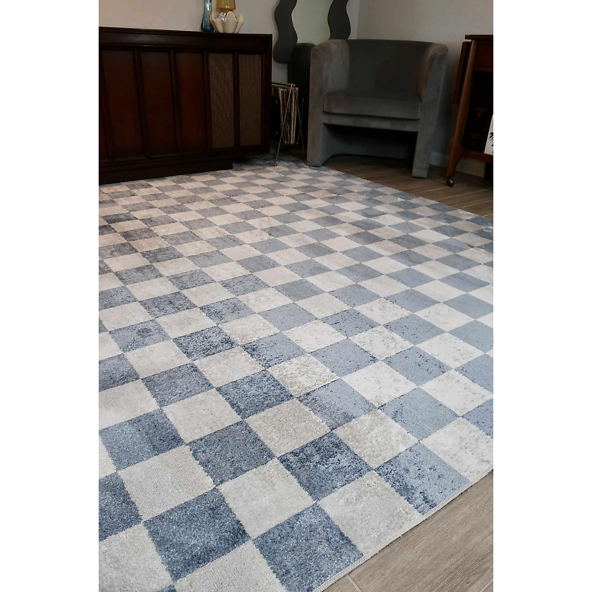 Hauteloom Brone Contemporary Checkered Area Rug - Modern Geometric Bordered Carpet for Living Room, Bedroom, Dining Room - Checkboard Design - Square Tiles - Blue, Ivory - 5'3" x 7'