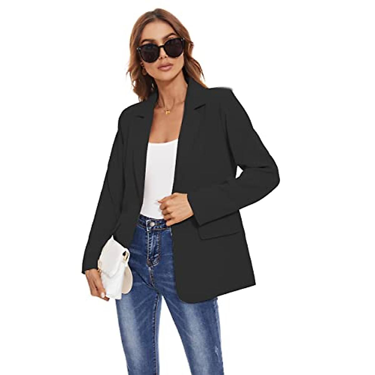 Women's Casual Blazers Long Sleeve Open Front Lapel Collar Work Office Blazers Jacket with Pockets Black