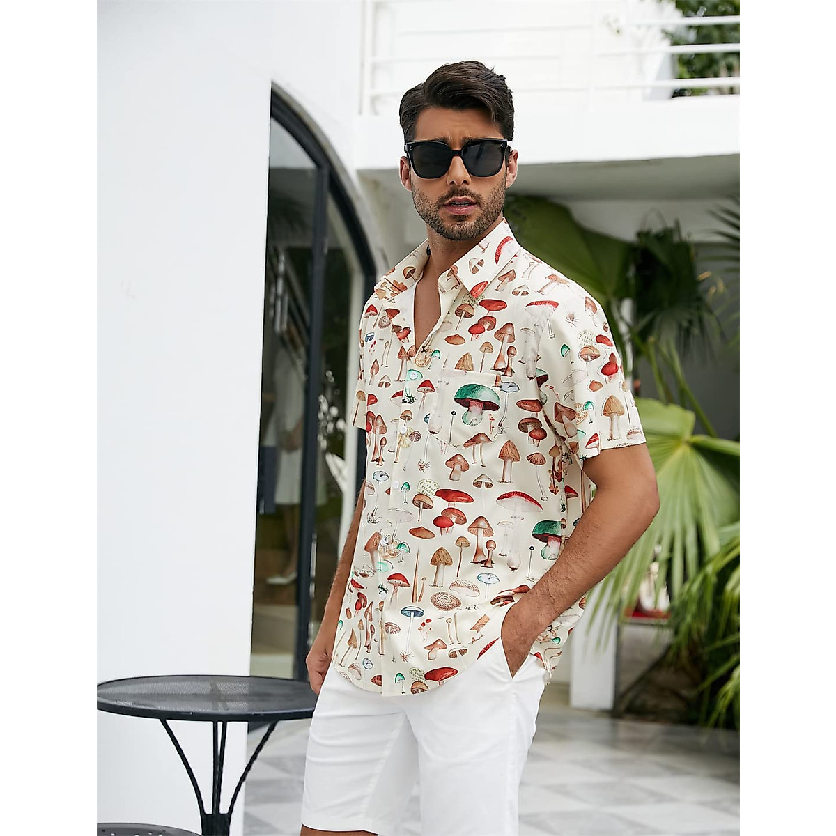 PAODIKUAI Mushroom Shirts for Men Hawaiian Short Sleeve Button Down Cute Mushroom Printed Shirt (Mushroom Yellow, Large)