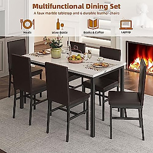 YOFE Dining Table Set for 6, Kitchen Table with 6 Chairs,Faux Marble Tabletop & 6 Leather Upholstered Chairs for Dining Room,Kitchen, Dinette, Breakfast Nook