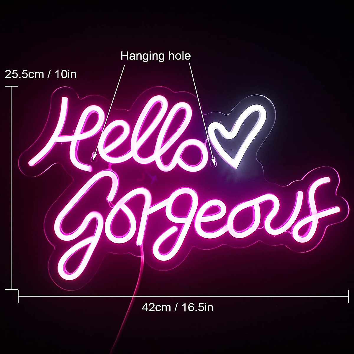 ineonlife Pink Hello Gorgeous Neon Signs, LED Light Up Sign for Cute Girls Bedroom Room Wall Decor for Bachelorette Birthday Engagement Party Wedding Decoration with Switch (16.5"X10" / USB POWER) (Pink)
