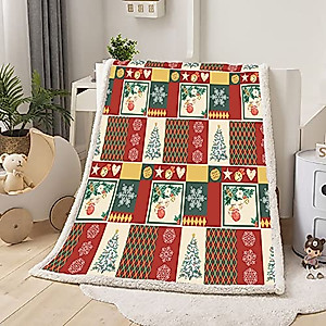 Christmas Red Plaid Throw Blanket, Soft Fluffy Sherpa Fleece Throws for Bed Sofa Xmas Tree Snowflake Print Pattern Blankets Christmas Decoration Gift for Kids Adults 50"x 60"