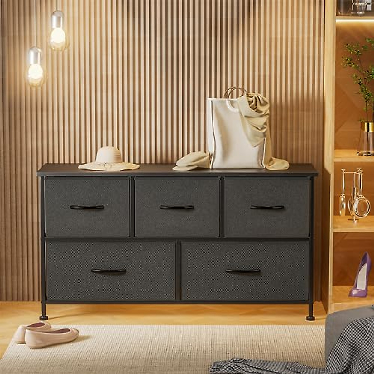 JUMMICO Fabric Dresser for Bedroom, Tall Wide Dresser with 5 Drawers, Storage Tower with Fabric Bins, Dresser Fabric Box Steel Frame, Wood Top Drawer Chest TV Stand for Closet, Living Room (Black)