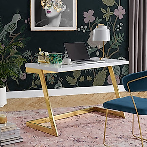 Kali White/Gold Writing Desk - High Gloss Lacquer Finish Top | Polished Stainless Steel Base | Geometric Legs