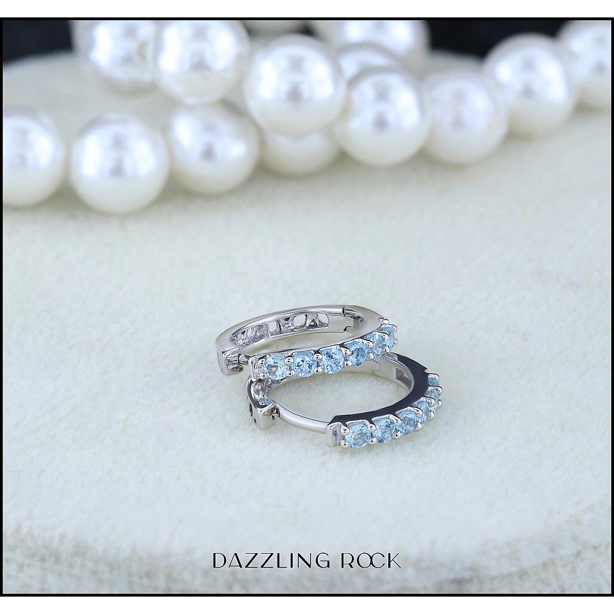 Dazzlingrock Collection Round Blue Topaz Single Row Huggies Hoop Earrings for Women in 14K Solid White Gold