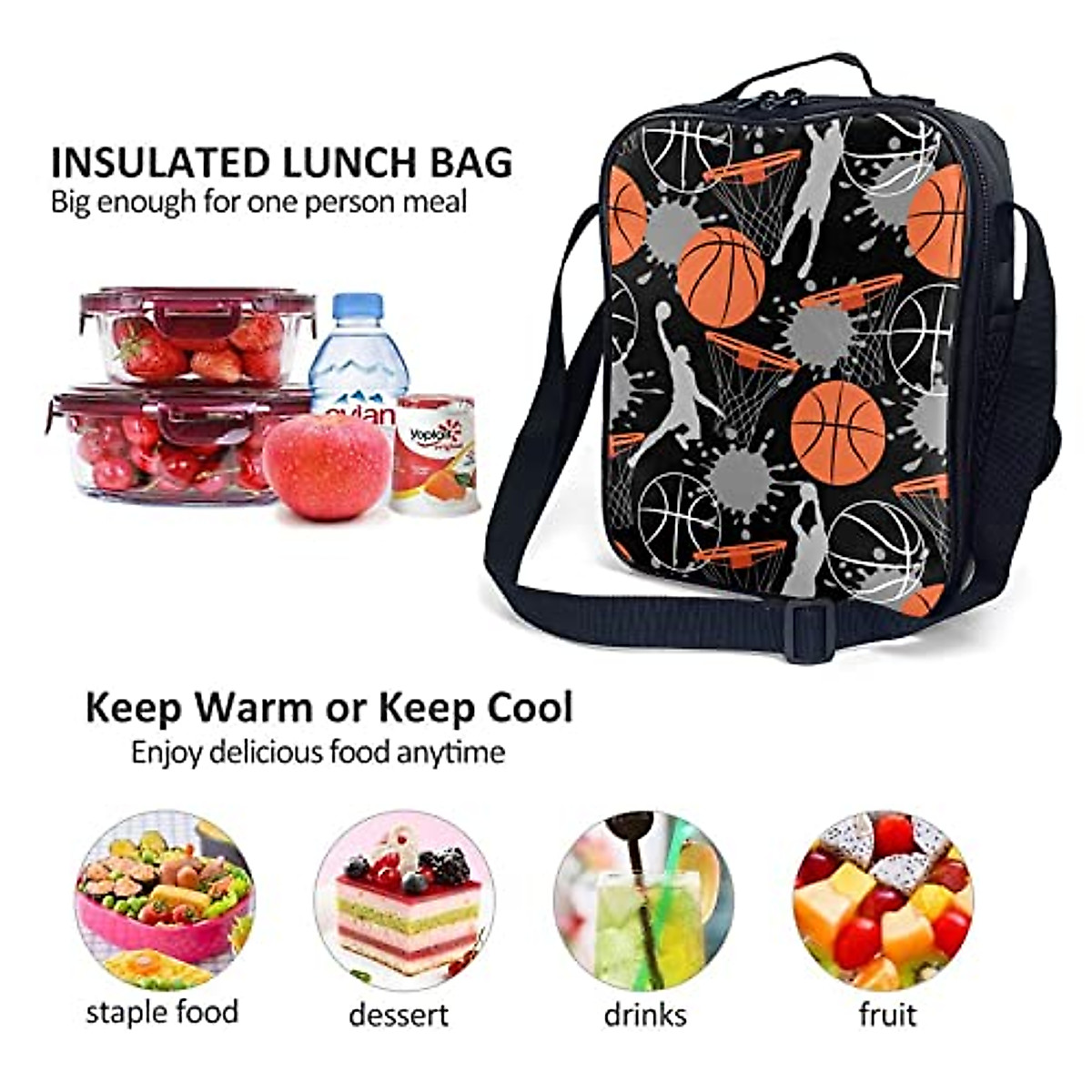 CEZEHAJI Kids Lunch Box, Insulated Lunch Bag for Girls&Boys, Basketball Lunch Bag with Shoulder Strap, School Bento Lunch Box for Kids Toddlers Teens, Black Reusable Cooler Thermal Meal Tote Kit