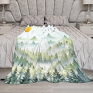 Misty Forest Mountain Blanket Lightweight FlannelWatercolor Foggy Green Rustic Woodland Landscape Birds Nature Art Throw Blanket for Women Men Soft Cozy Plush Warm Fleece Birthday Gifts 50"x60"