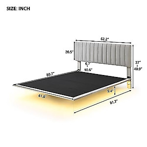 Queen Size Upholstered Platform Bed with Sensor Light and Headboard, Floating Velvet Design, Sturdy Wood Frame, No Box Spring Needed, Gray