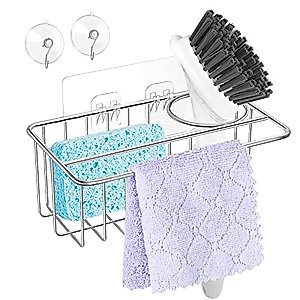 3 in 1 Sink Caddy Sponge Holder, VIS'V 304 Stainless Steel Adhesive Kitchen Sink Basket Sponge Holder Brush Holder Dishcloth Hanger Kitchen Sink Accessories Organizer Rack with 2 Suction Cups - Silver
