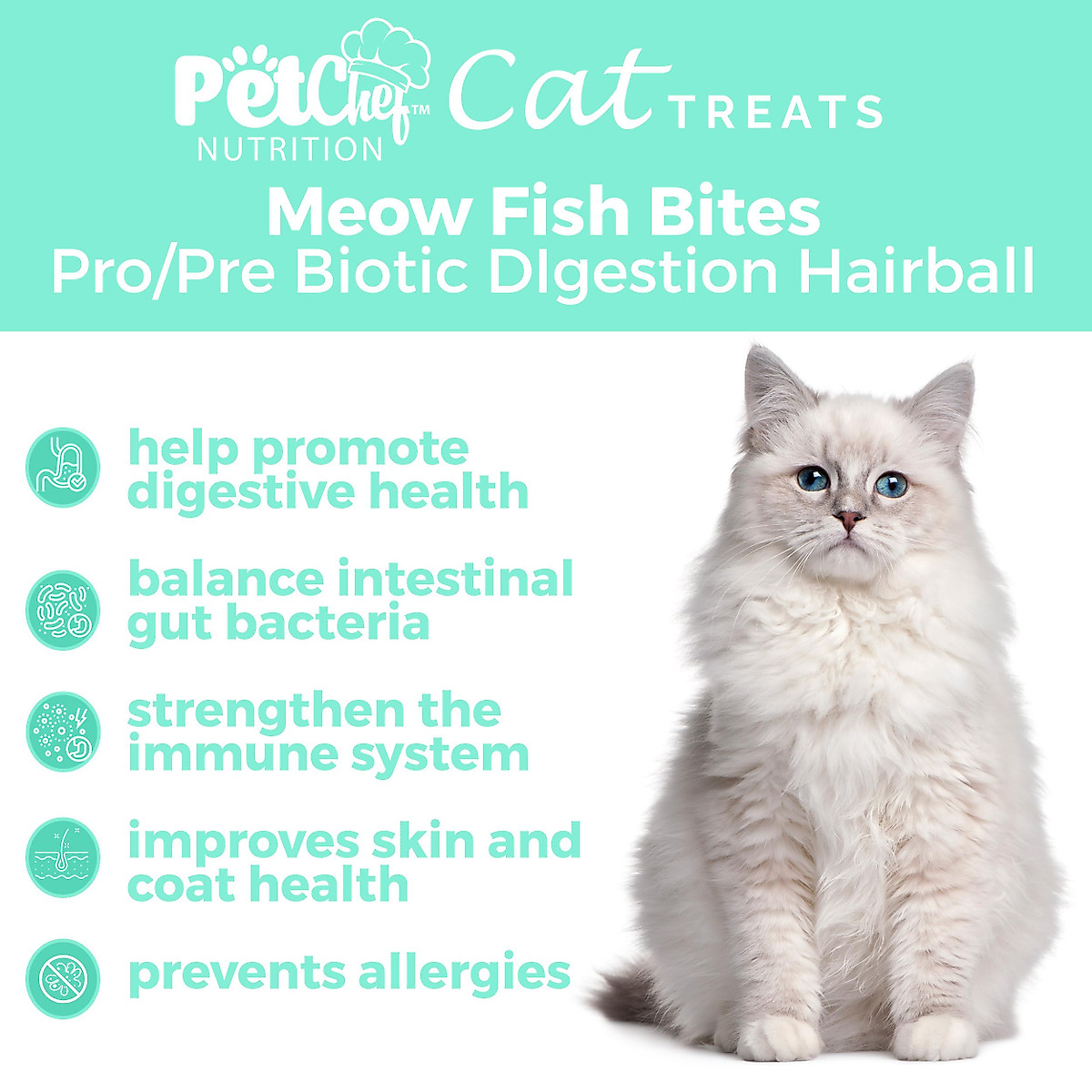 Pet Chef Meow Bites: Premium Probiotic Cat Treats - Fortify Health with Feline-Specific Probiotics, Stop Cat Diarrhea-Proviable Fera Fortiflora Blend. Helps All Cats wtih Better Digestion at Any Age!