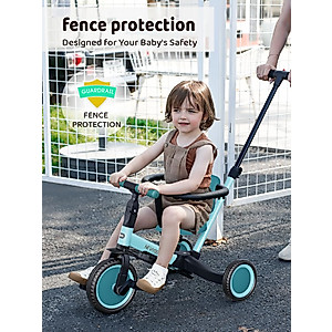 newyoo TR008 Toddler Push Tricycle, Toddler Bike for 1-3 Years Olds, Birthday Gift for Boys and Girls, 5 in 1 Balance Bike with Handle, Kids Trike with Safe Bar, Green