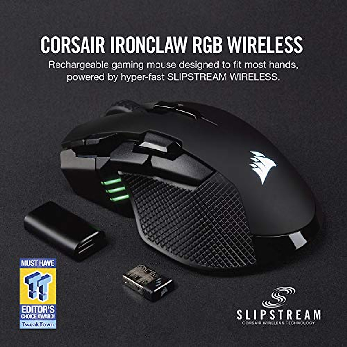 Corsair Ironclaw Wireless RGB - FPS and MOBA Gaming Mouse - 18,000 DPI Optical Sensor - Sub-1 ms SLIPSTREAM Wireless