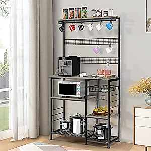 X-cosrack Kitchen Baker's Rack, 68inch Microwave Oven Stand with Pull-out Wire Basket, 8 Hooks + 15 S Hooks,3 Tier + 4 Tier Utility Storage Shelf with Mesh Panels for Utensils, Pots, Pans, Spices