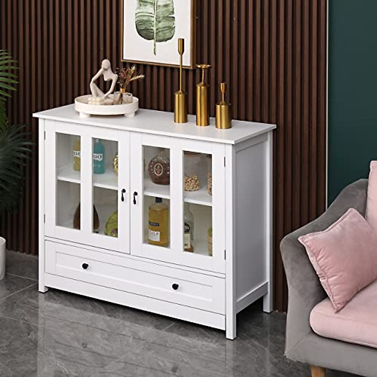 Large Buffet Cabinet for Living Room Kitchen, White Storage Sideboard with Glass Doors and Drawer, Credenza Console Table for Dining Room Entryway, Wooden Serve Cupboard Pantry Cabinet with Shelves