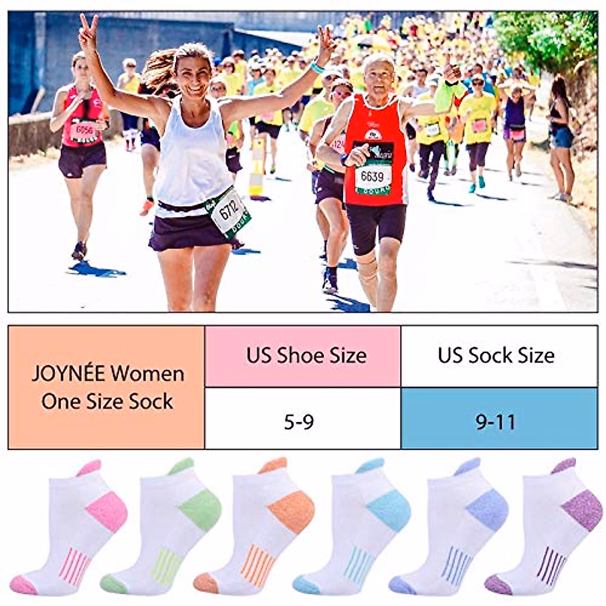 JOYNÉE Womens Ankle Athletic Low Cut Tab Socks Cushioned Running Sports 6 Pack,White,Sock Size 9-11