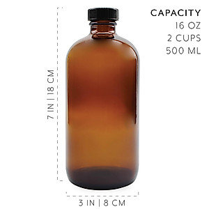 Cornucopia 16oz Amber Glass Bottles with Reusable Chalk Labels and Lids (2 Pack), Refillable Brown Boston Round Bottles, with Black 28-400 Caps