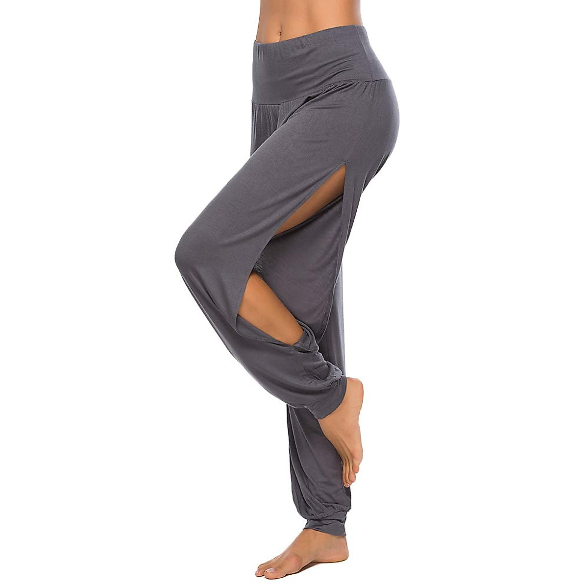 AvaCostume Womens Harem Yoga Pants Side Slit Sport Workout Sweatpants Darkgrey XL