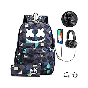 SEWKILNM Smile Luminous Laptop Backpack with USB Charger Port, DJ Music Backpack School Backpack, Birthday Gifts for Teens and Adult