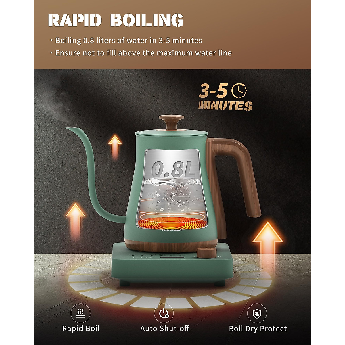 Electric Kettle, 1000W Quick Heating Gooseneck Kettles, 0.8L/27.05oz, 0.8mm Ultra-Fine Spout, Precise Water Flow Control, 304 Stainless Steel Inner, Auto Shut-Off, Boil Dry Protection, Matte Green