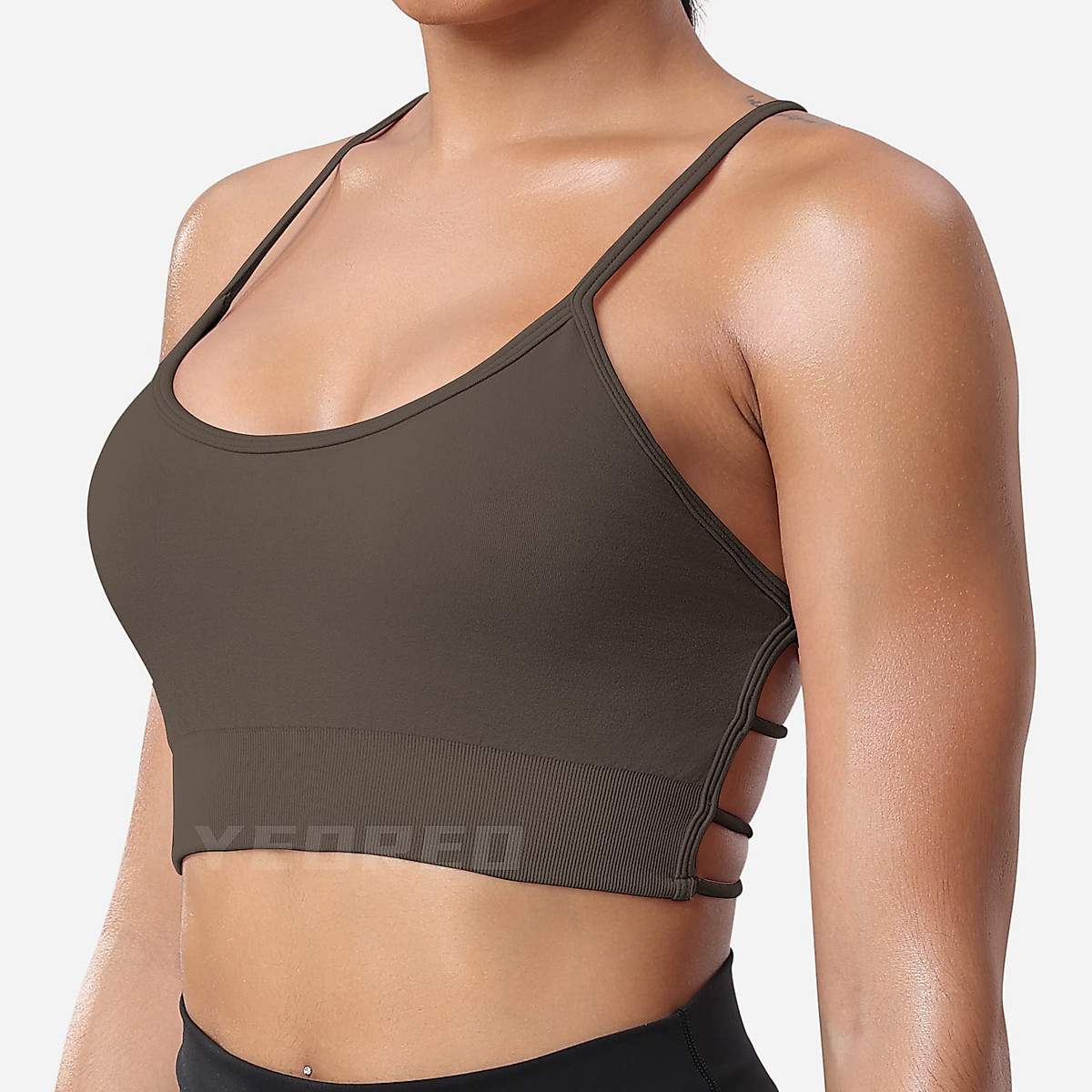 YEOREO Heily Women's Backless Sports Bra Seamless Padded Strappy Criss Cross Bra Workout Yoga Crop Tank Tops Brown XL