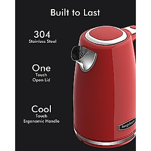 Electric Tea Kettles 1500W for Boiling Water, Longdeem Retro 1.7L Stainless Steel Hot Water Boiler with Automatic Shut Off & Boil-Dry Protection, BPA Free, Red