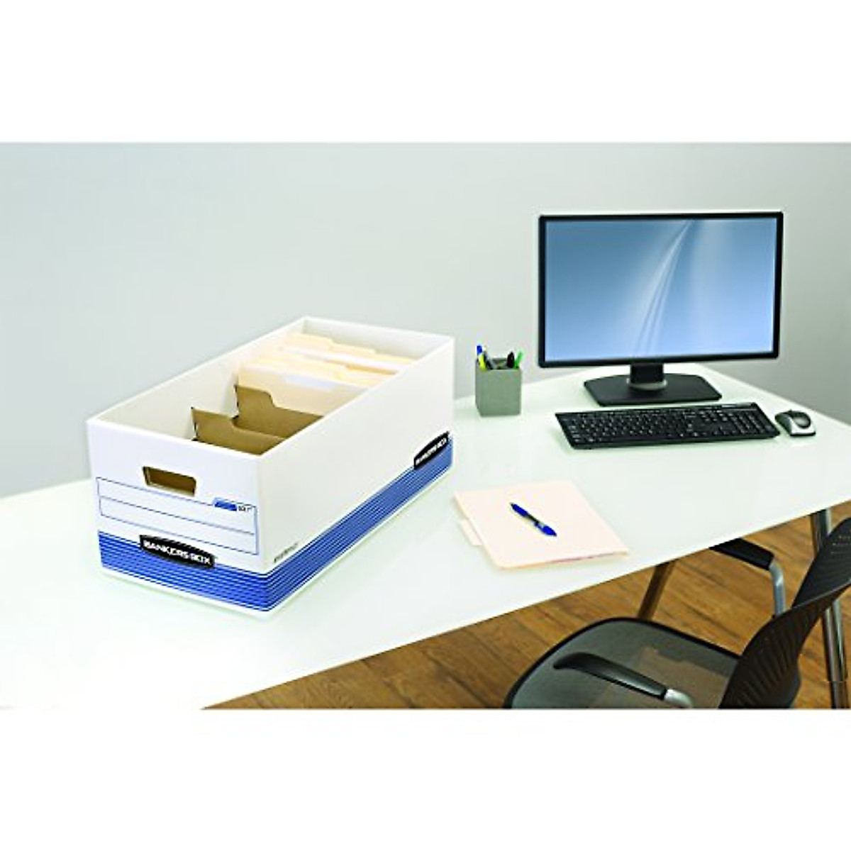 Bankers Box 12 Pack DIVIDERBOX Medium-Duty File Storage Boxes with Dividers, FastFold, Lift-Off Lid, Letter, White/Blue