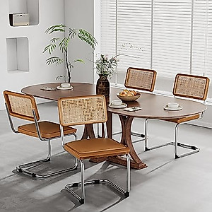 Alunaune Mid Century Modern Dining Chairs Set of 2, Upholstered Natural Rattan Kitchen Accent Chairs, Armless Side Chair with Metal Chrome Legs for Bedroom Living Room-Brown with PU Seat