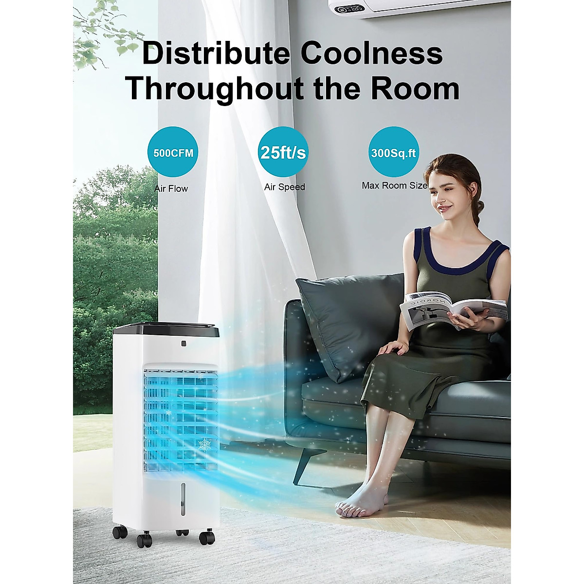 Uthfy Evaporative Air Cooler, 3 In 1 Swamp Cooler with 6 Ice Packs, Remote, 12H Timer, Portable Evaporative Cooler with 70° Oscillation, 3 Speeds, 3 Modes, Cooling Fan for Bedroom, Living Room, Office