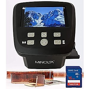 MINOLTA Film & Slide Scanner, Large 5" Screen, Convert Color & B&W 35mm, 126, 110 Negative & Slides, Super 8 Films to High Res 22MP JPEG Digital Photos, 16GB SD Card, Worldwide AC Adapter (Black)
