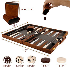 Backgammon Set - 15 Inch Classic Backgammon Board Game Sets Handheld - Backgammon Sets for Adults and Kids - Brown Faux Leather Case - Instruction