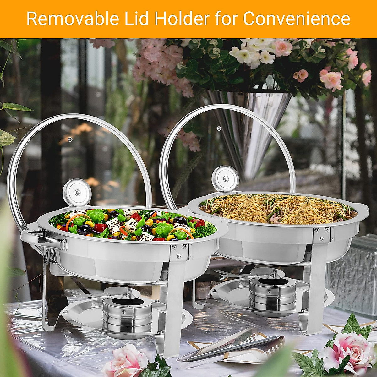 ROVSUN 5 Qt 2Pack Chafing Dish Buffet Set, NSF Stainless Steel Round Chafers for Catering, Buffet Servers and Warmers Set with Glass Lid & Lid Holder, Thick Stand Frame for Wedding Party Banquet Event