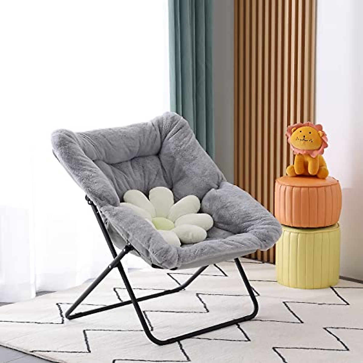 Givjoy Saucer Chair, Soft Faux Fur Oversized Folding Accent Chair, Soft Furry Lounge Lazy Chair, Metal Frame Moon Chair for Bedroom, Living Room