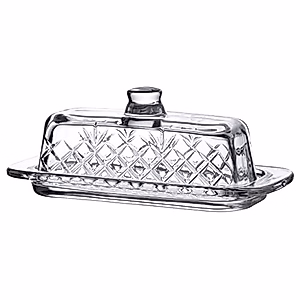 Royalty Art Glass Butter Dish with Lid, Single Stick Container with Handle Cover, Rustic Farmhouse or Vintage Boho Kitchen Accessory, Clear