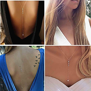 Yheakne Wedding Crystal Backdrop Necklace Gold CZ Y Lariat Necklace Chain Long Rhinestone Y Necklace Bridal Back Necklace Body Jewelry for Women