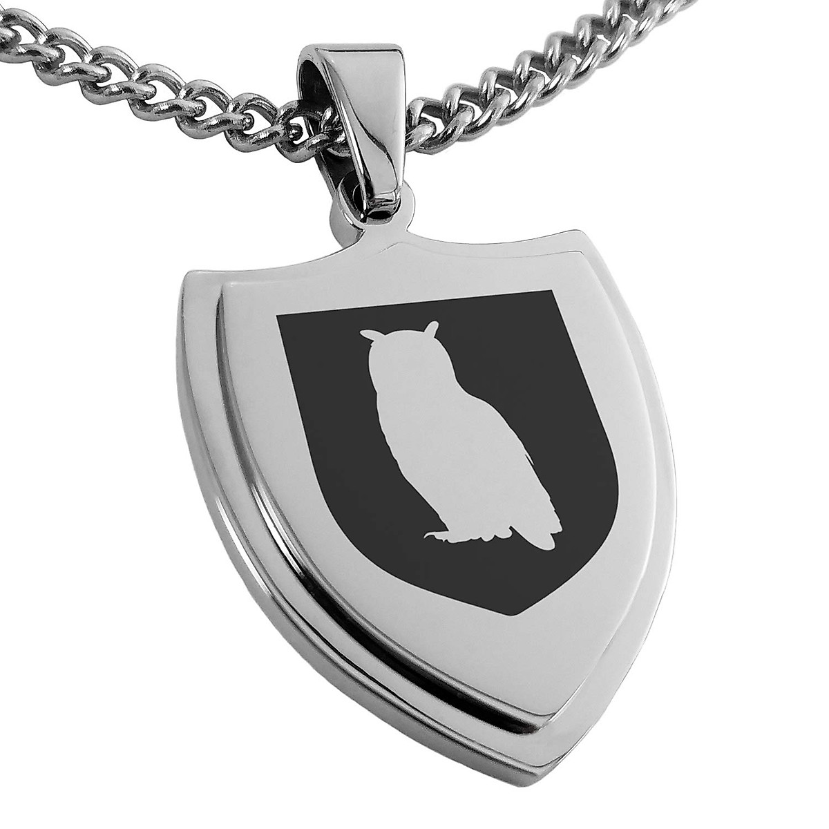 Tioneer Stainless Steel Owl Wisdom Coat of Arms Shield Pendant Necklace