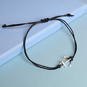 Yheakne Boho Layered Leather Bracelet Black Cord Anchor Bracelet Adjustable Wax String Bracelet Sailor Bracelet Hand Chain Jewelry for Women and Girls (Silver)