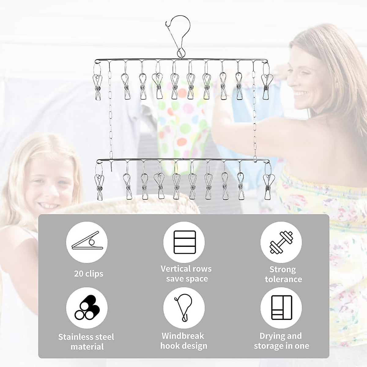 Zenquark Stainless Steel Sock Drying Rack, 2 Layers Swivel Hook Wind-Proof Sock Hanger Rack, Air Drying Rack with 20 Clips for Socks Underwear Knickers Shoe Insoles Baby Clothes Gloves